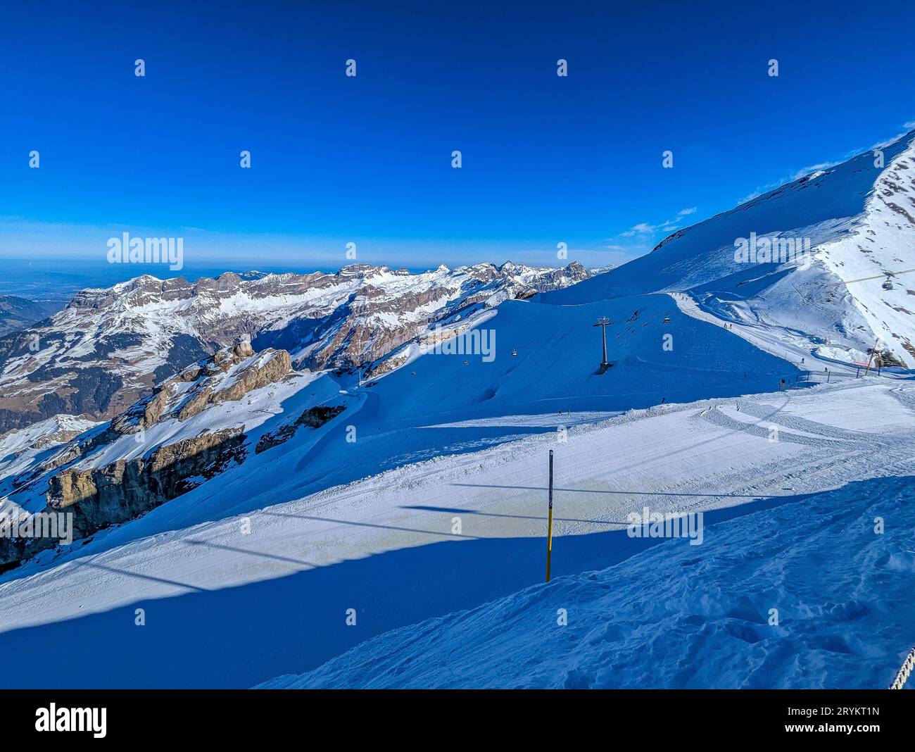Aerial panoramic winter landscape in Swiss Alps, famous Engelgerg ...