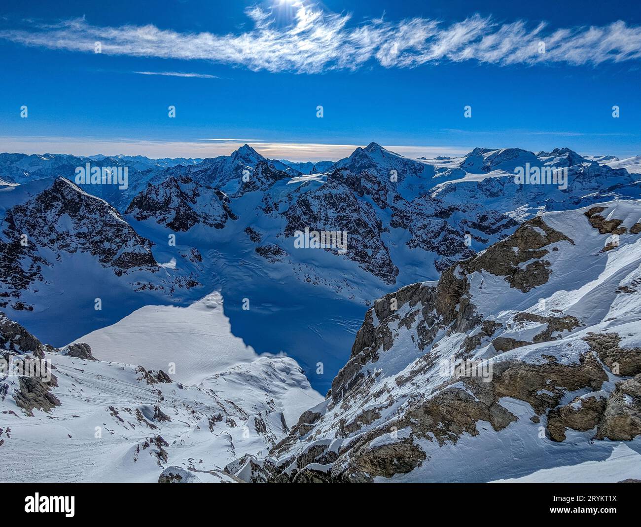 Aerial panoramic winter landscape in Swiss Alps, famous Engelgerg ...