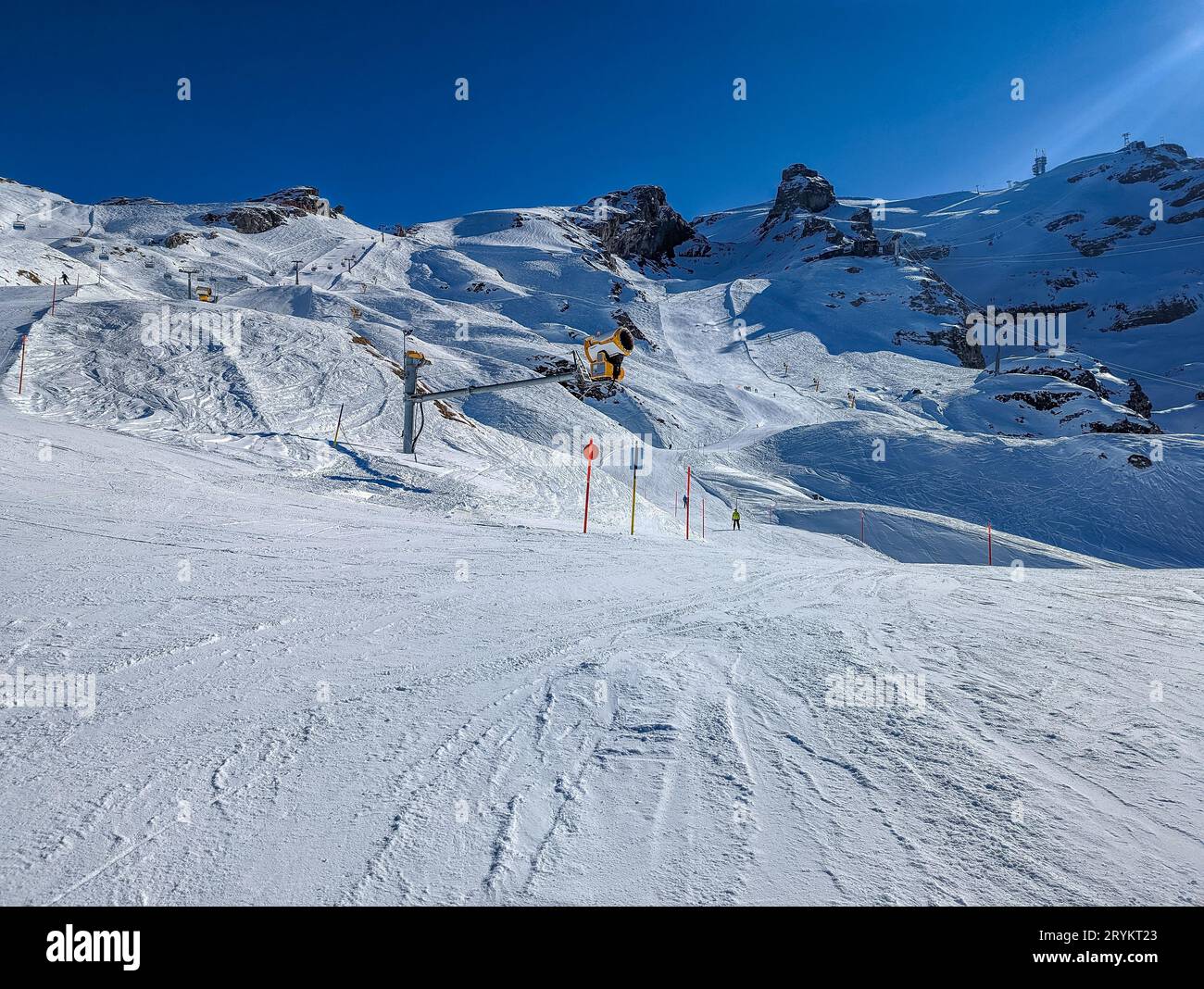 Aerial panoramic winter landscape in Swiss Alps, famous Engelgerg ...