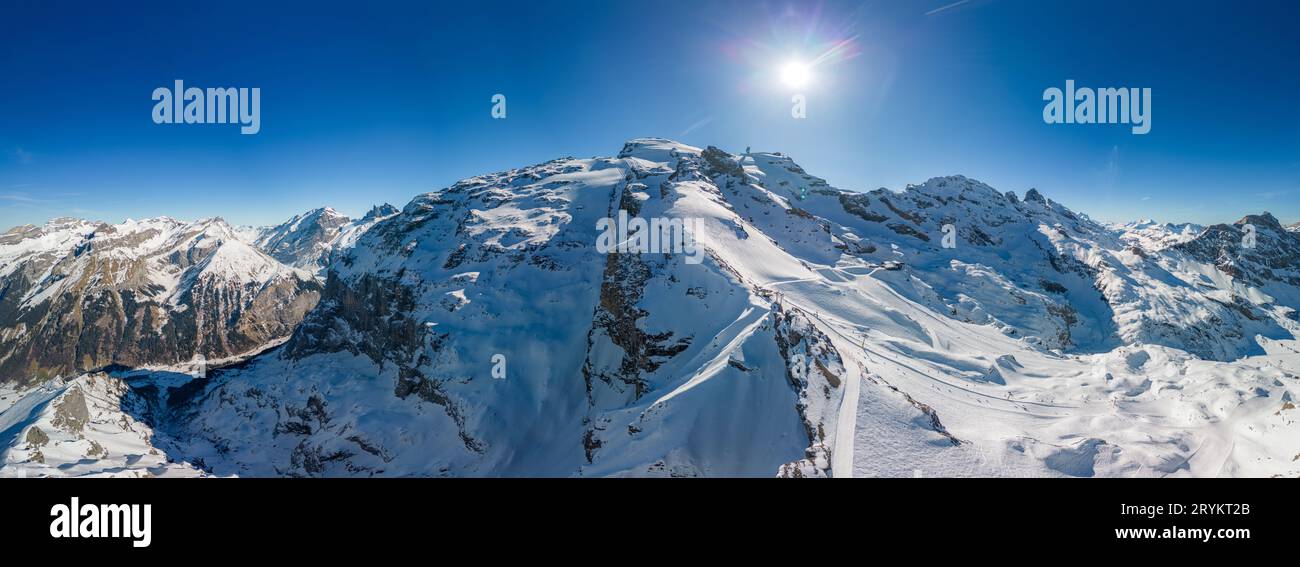 Aerial panoramic winter landscape in Swiss Alps, famous Engelgerg ...