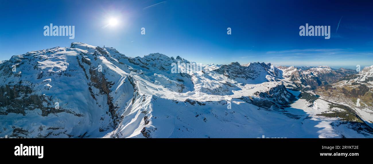Aerial panoramic winter landscape in Swiss Alps, famous Engelgerg ...