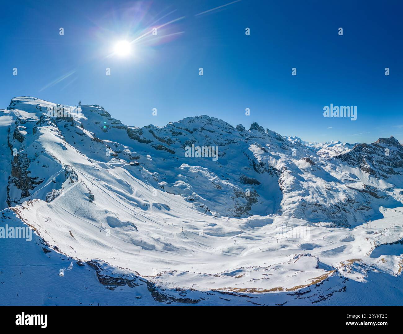 Aerial panoramic winter landscape in Swiss Alps, famous Engelgerg ...