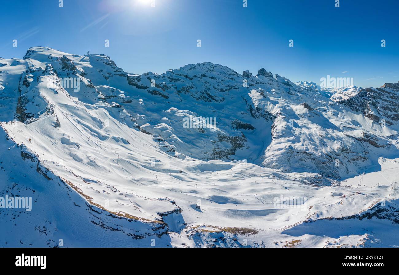 Aerial panoramic winter landscape in Swiss Alps, famous Engelgerg ...