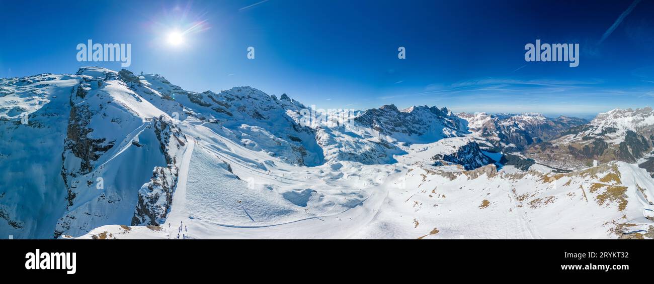 Aerial panoramic winter landscape in Swiss Alps, famous Engelgerg ...