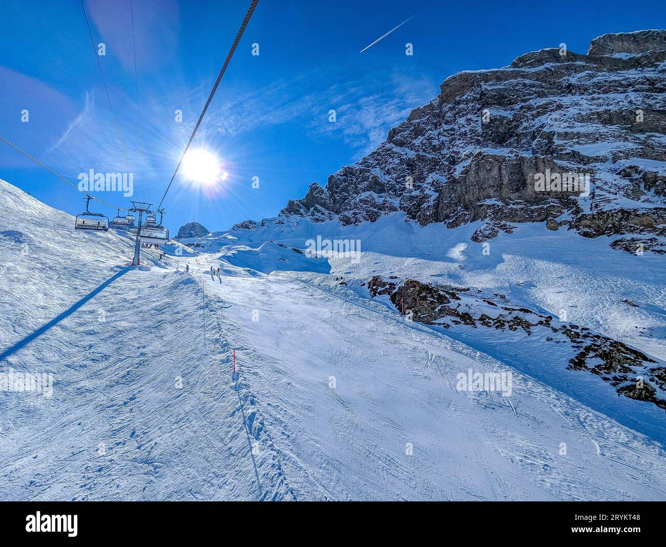 Aerial panoramic winter landscape in Swiss Alps, famous Engelgerg ...