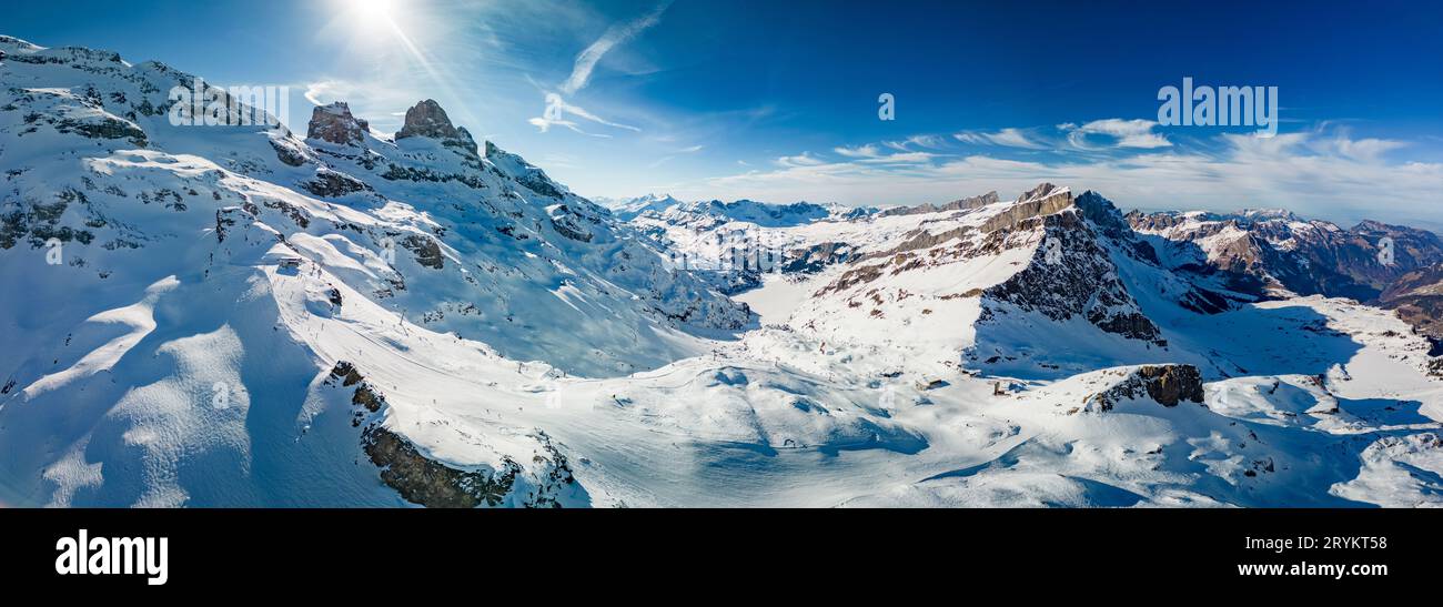 Aerial panoramic winter landscape in Swiss Alps, famous Engelgerg ...