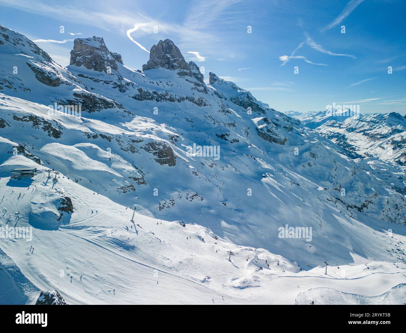 Aerial panoramic winter landscape in Swiss Alps, famous Engelgerg ...