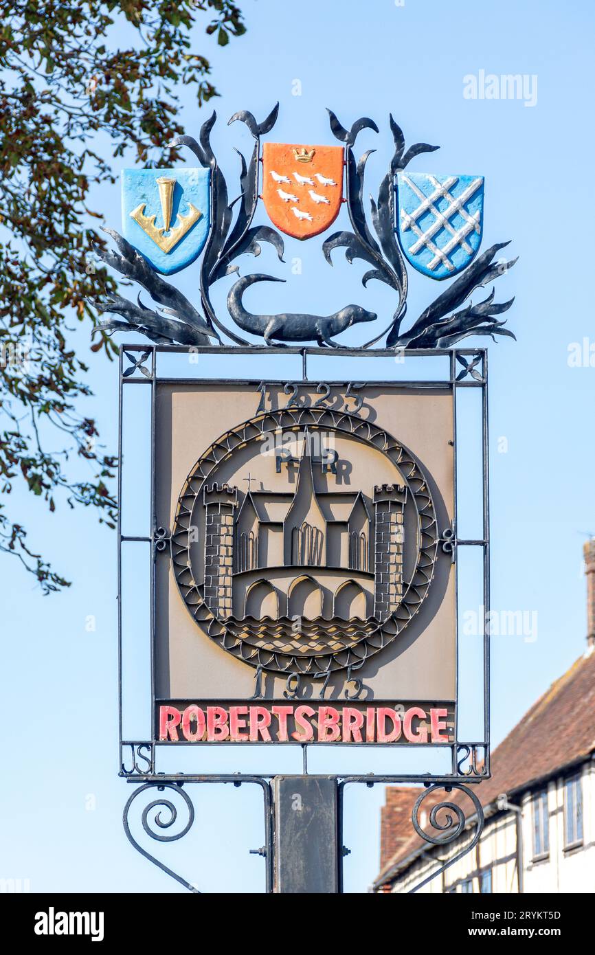 Village sign, George Hill, Robertsbridge, East Sussex, England, United ...