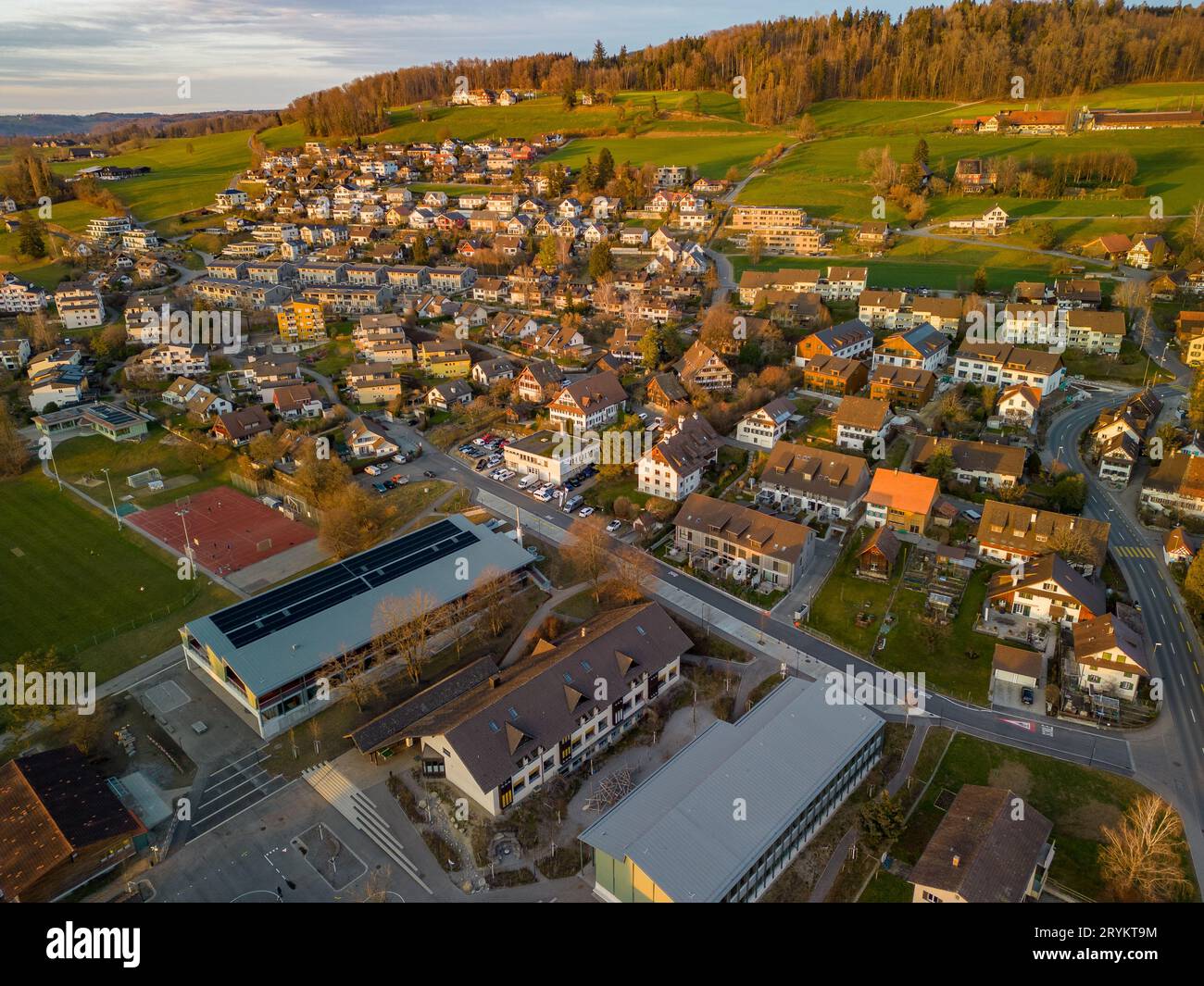 Aerial drone panorama view to lake Zug and Swiss Alps with ...