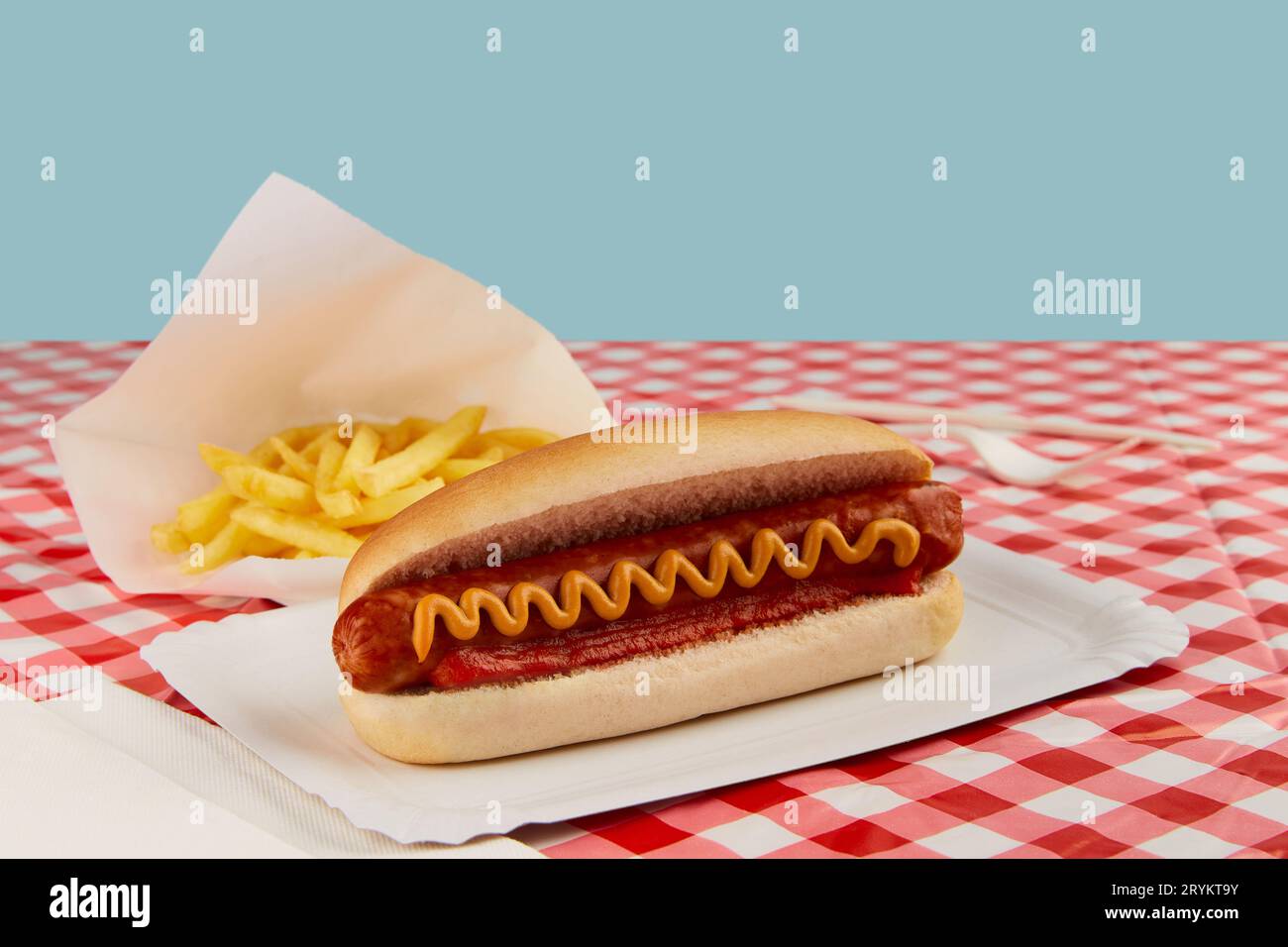 Traditional hot dog and french fries. Restaurant cafe menu Stock Photo ...