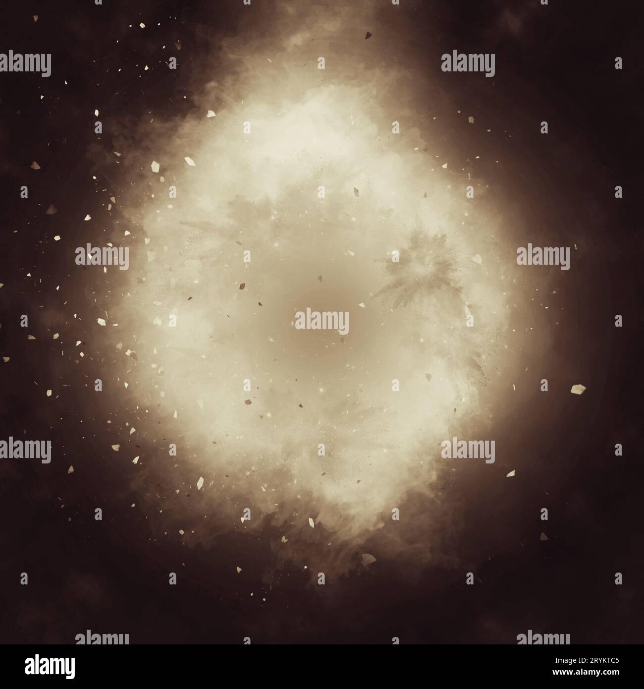 Dark powder explosion isolated on black background. White dust ...