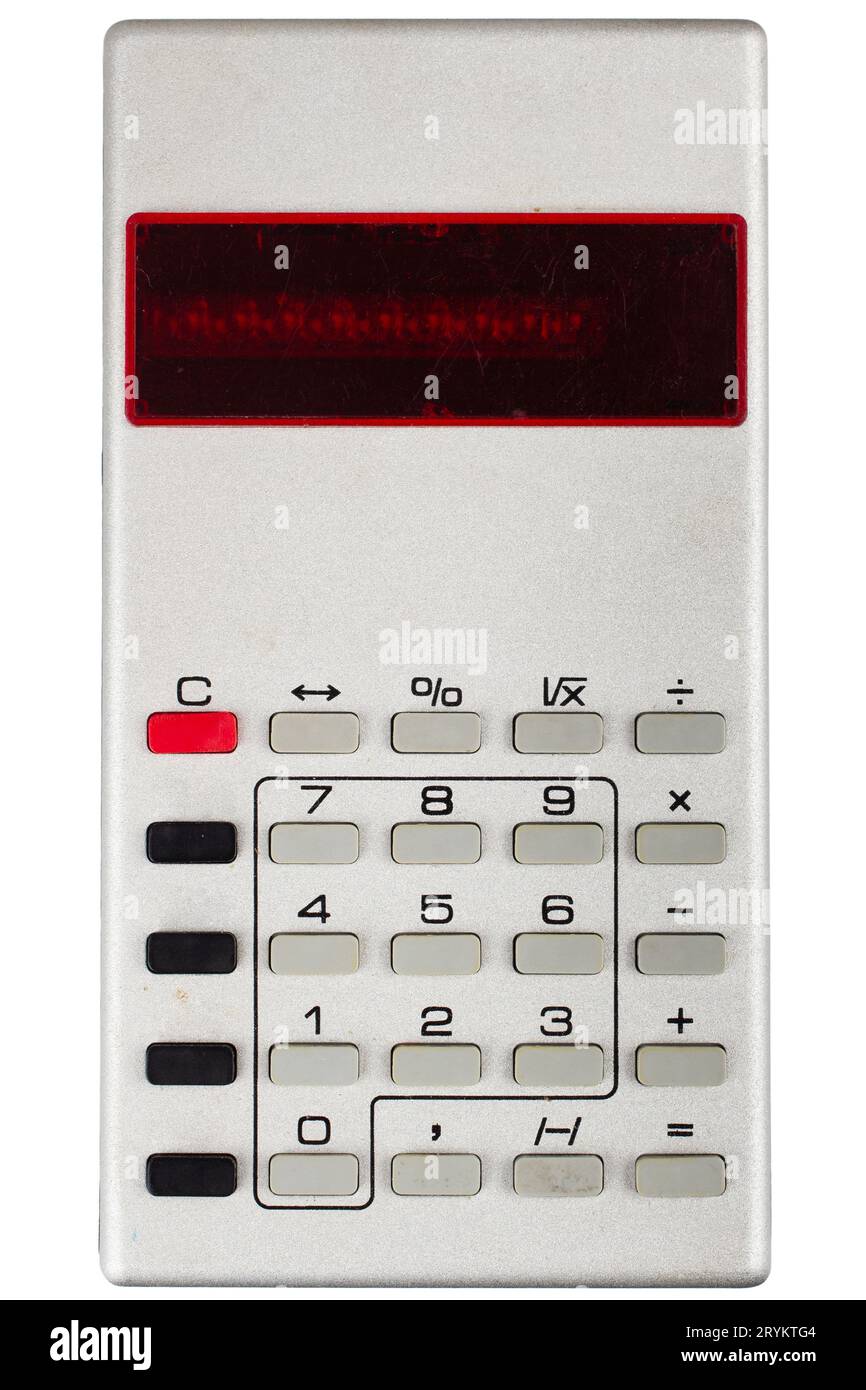 Old vintage pocket electronic calculator isolated on white background ...