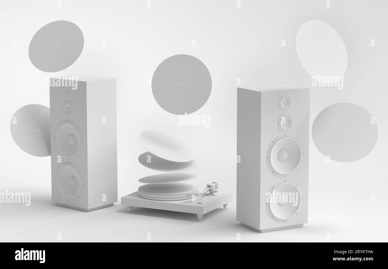 Set of Hi-fi speakers with loudspeakers and DJ turntable on monochrome background. 3d render ...