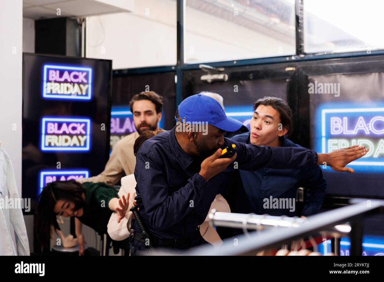 Mad angry people shoppers lined up early at store entrance attacking ...