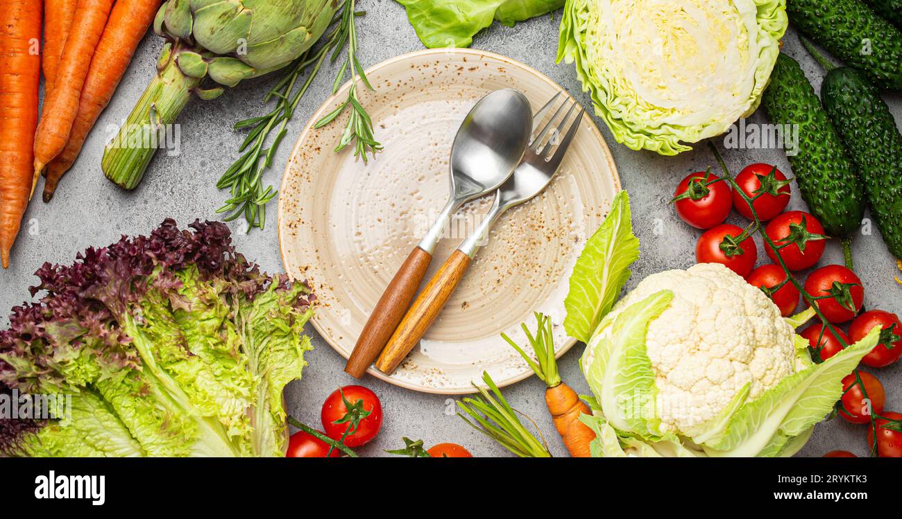 Assorted food raw products: vegetables, beef meat, fish salmon and ...