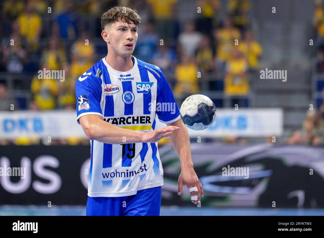Mannheim, Deutschland. 01st Oct, 2023. Fynn-Luca Nicolaus (TVB, 19), am Ball, Einzelbild ...