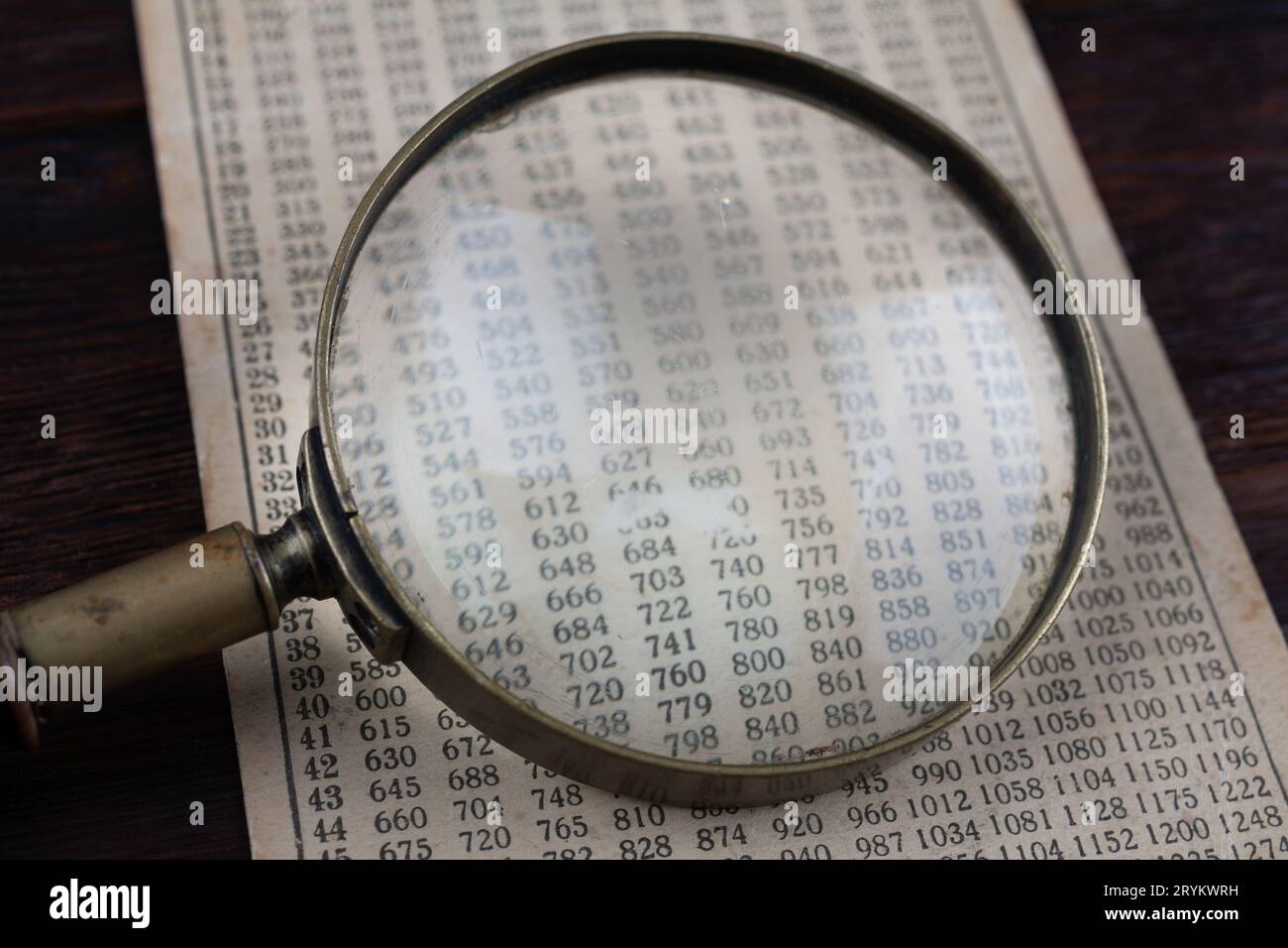 Retro cipher and cryptanalysis. Old vintage magnifying glass with calc ...