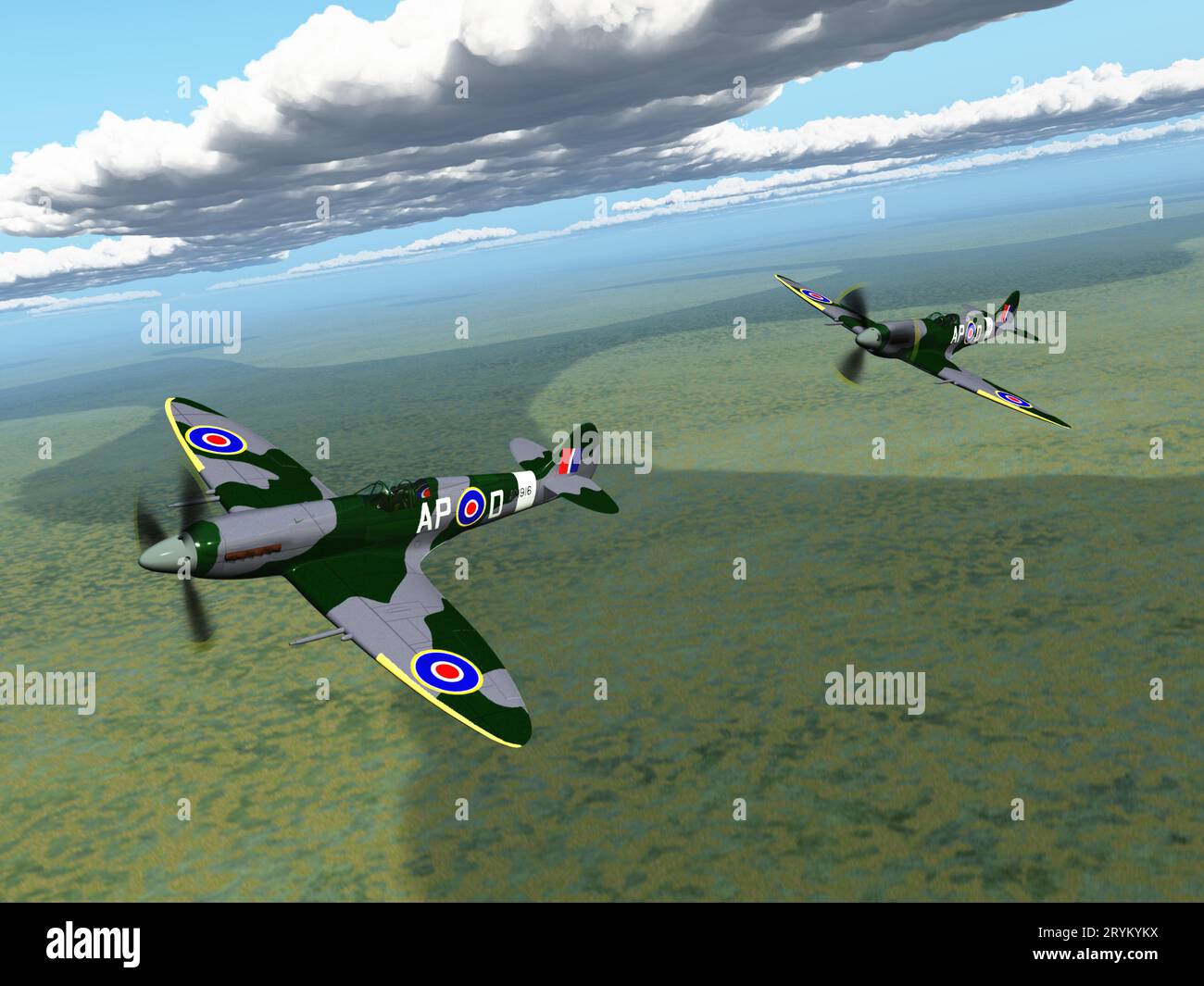 Two British fighter planes of World War II over a landscape Stock Photo ...