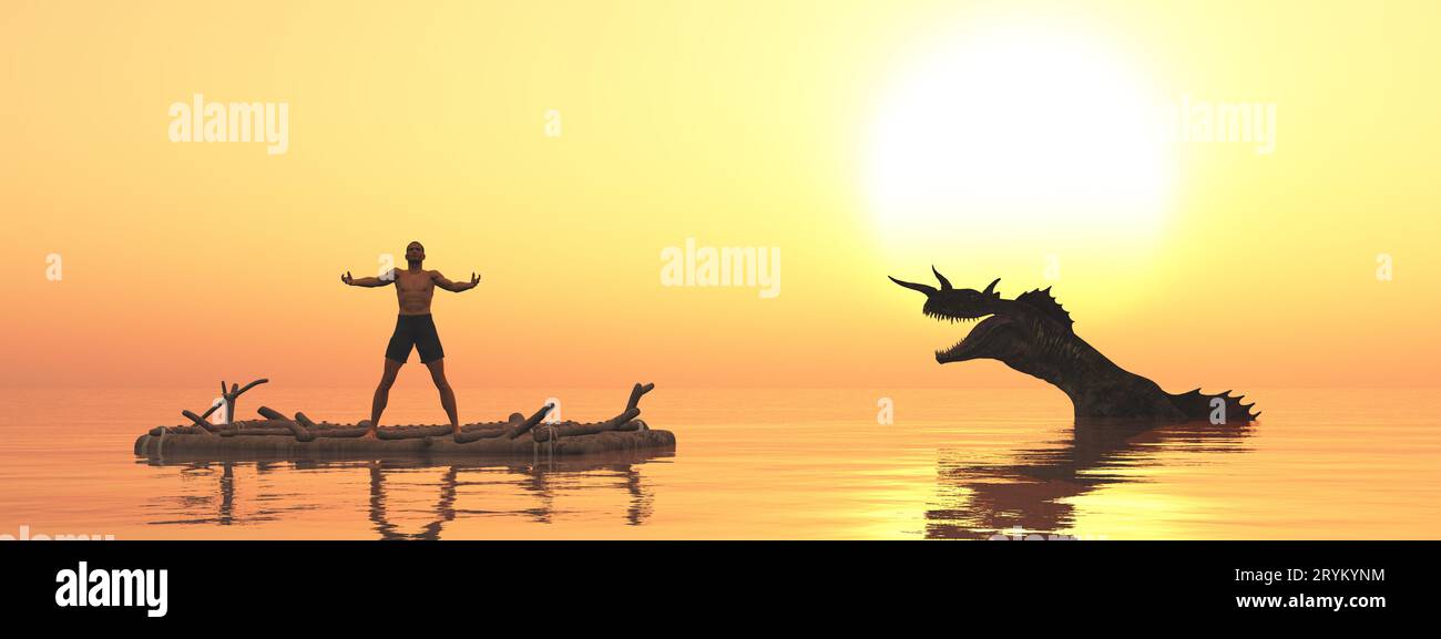 Castaway on a raft and sea monster at sunset Stock Photo - Alamy