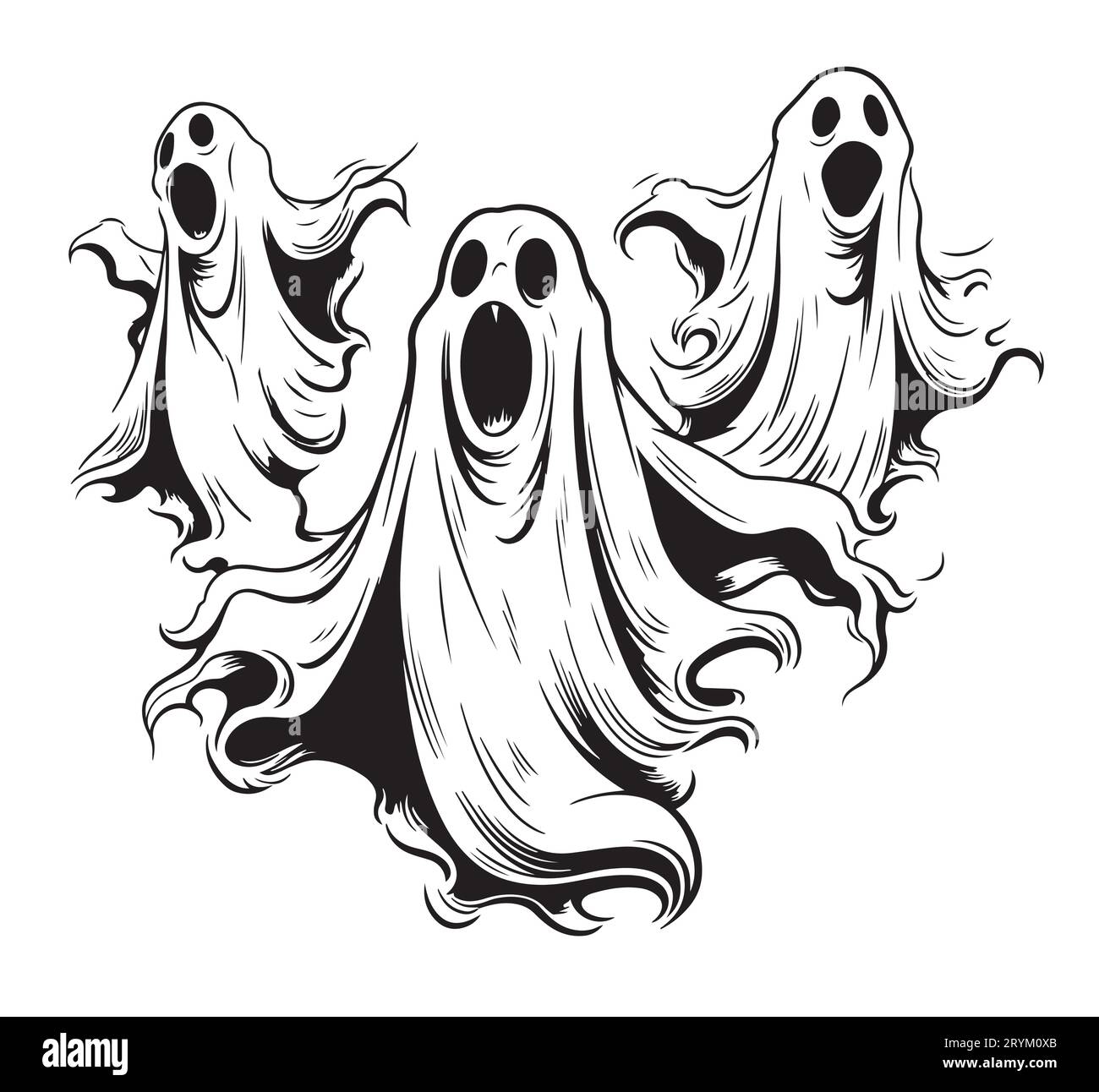 Set of ghosts cartoon sketch hand drawn Halloween illustration Stock ...