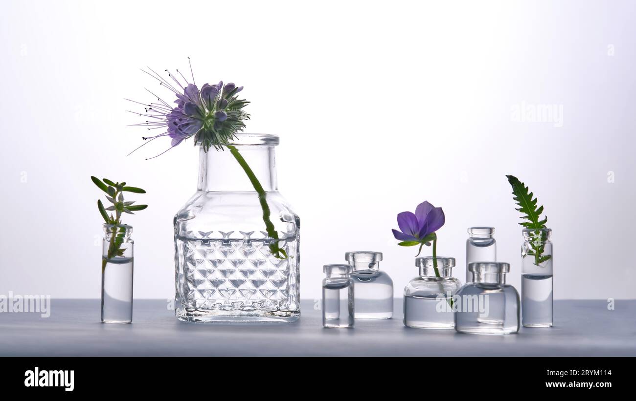 Different bottles of water with flowers on a light background. It can ...
