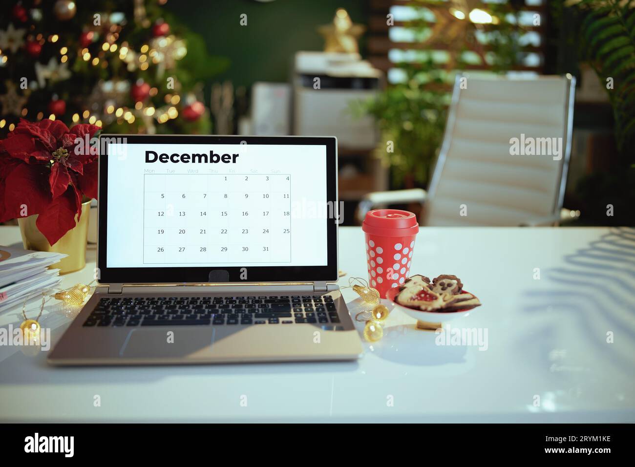modern Christmas decorated green office with december calendar on ...