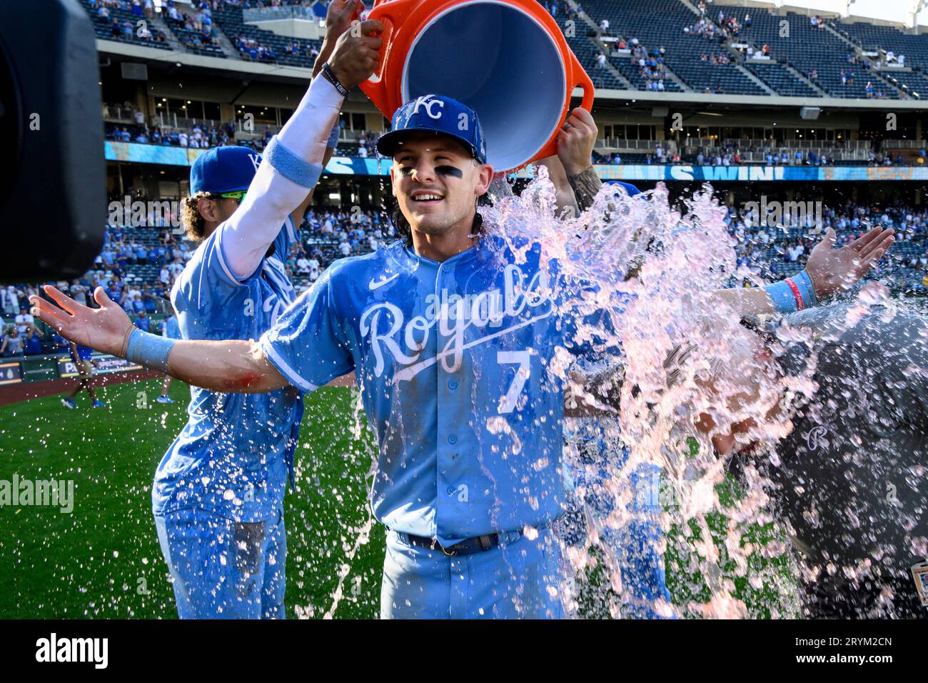 Kansas City Royals' Bobby Witt Jr. gets a cooler of water dumped on him ...