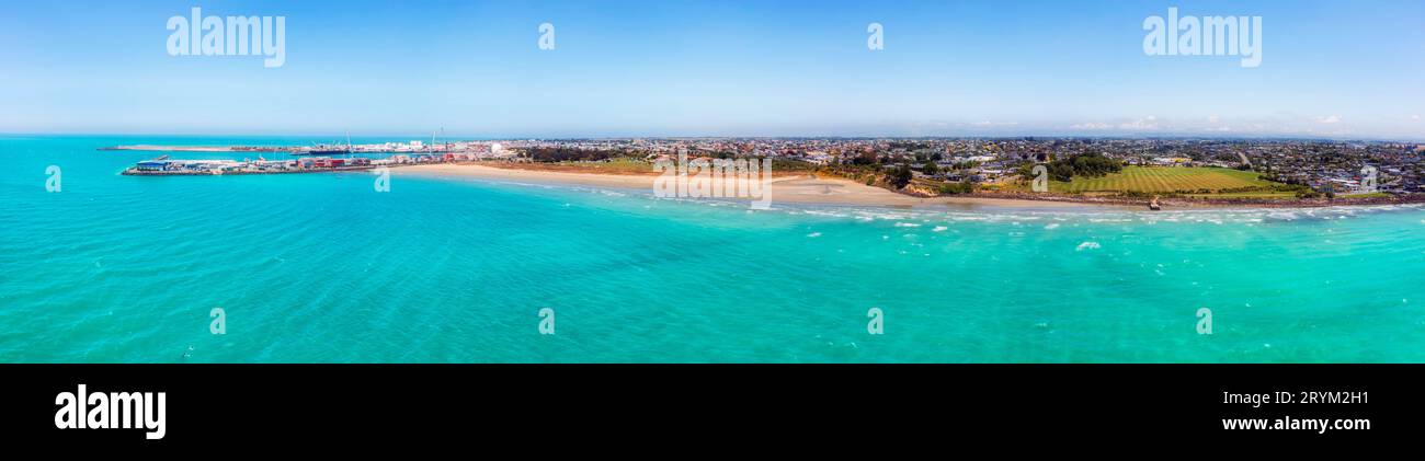 Wide aerial panorama of Timaru port town in New Zealand on South Island ...