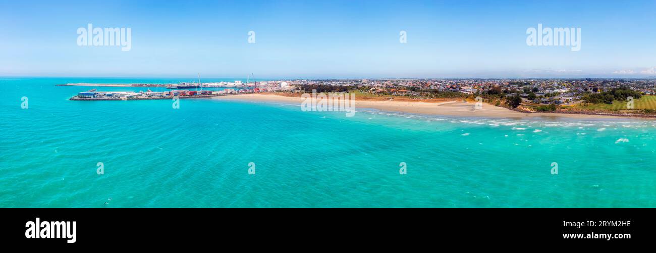 Coastal aerial panorama of Timaru port town in New Zealand on South ...