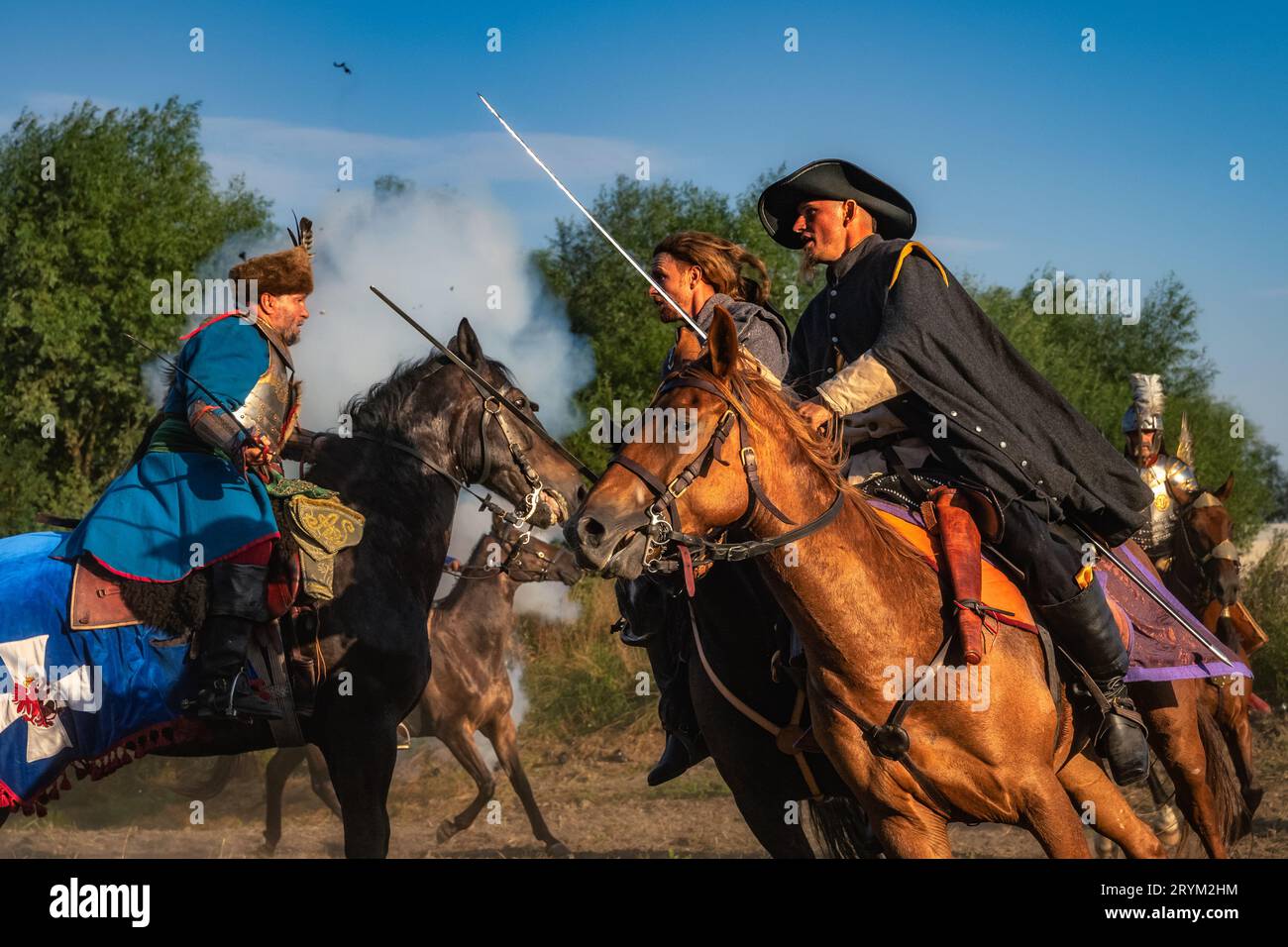 Closeup on cavalry sword fight on battlefield. Historical reenactment ...