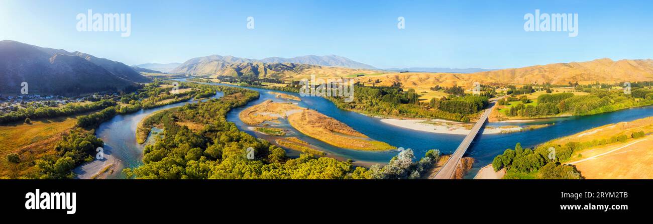 Aerial panorama of Waitaki river at Kurow town in New Zealand from ...