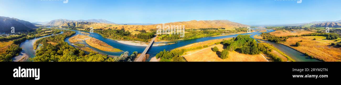 Aerial panorama of Waitaki river at Kurow town in New Zealand - scenic ...
