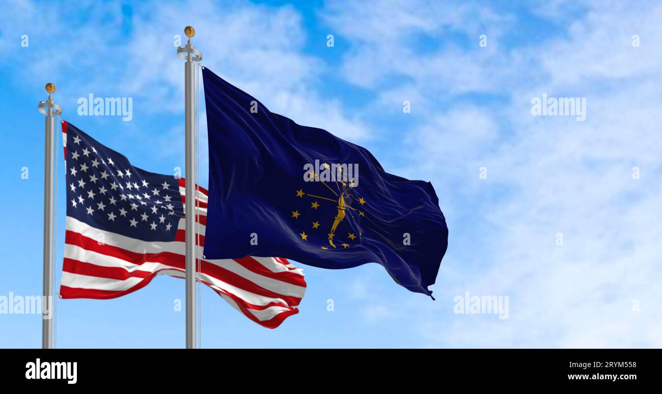 Indiana state flag waving with the national flag of the US on a clear ...