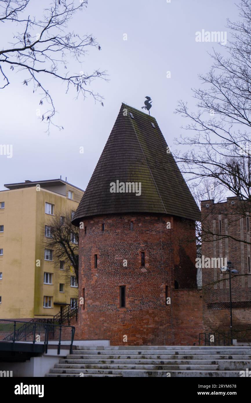 Round tower in the historic surrounding city wall of Slupsk, Poland ...