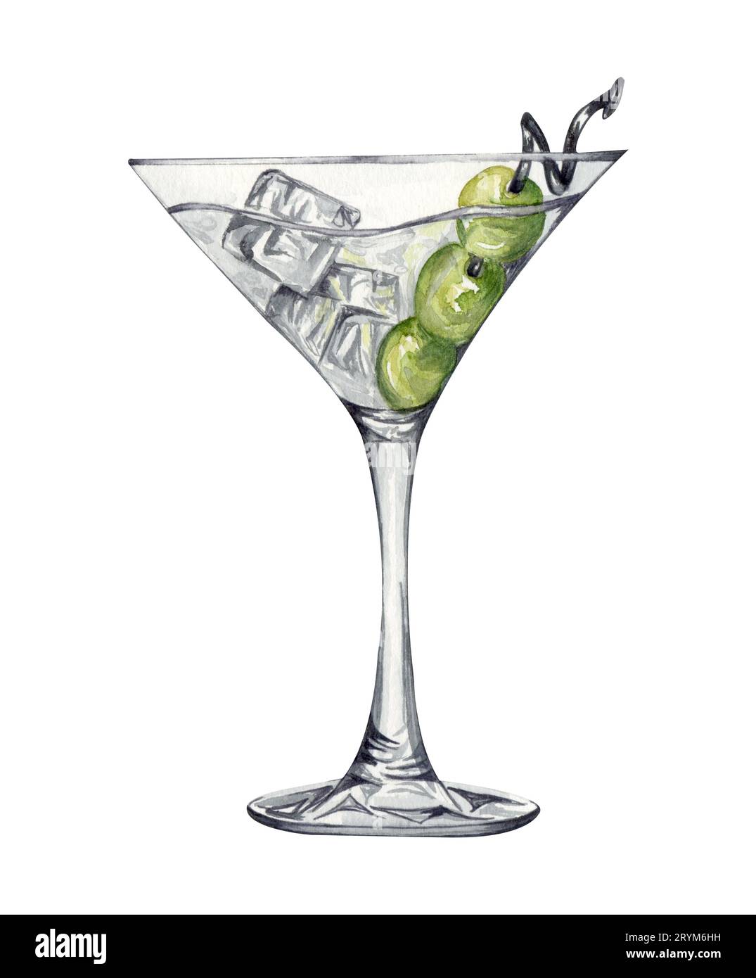 Hand-drawn watercolor illustration. Martini in the glass with green ...
