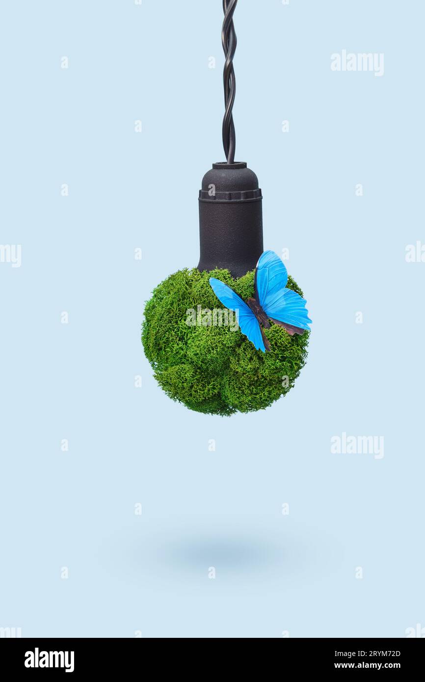 Green energy concept. Light bulb made from green plants with blue ...