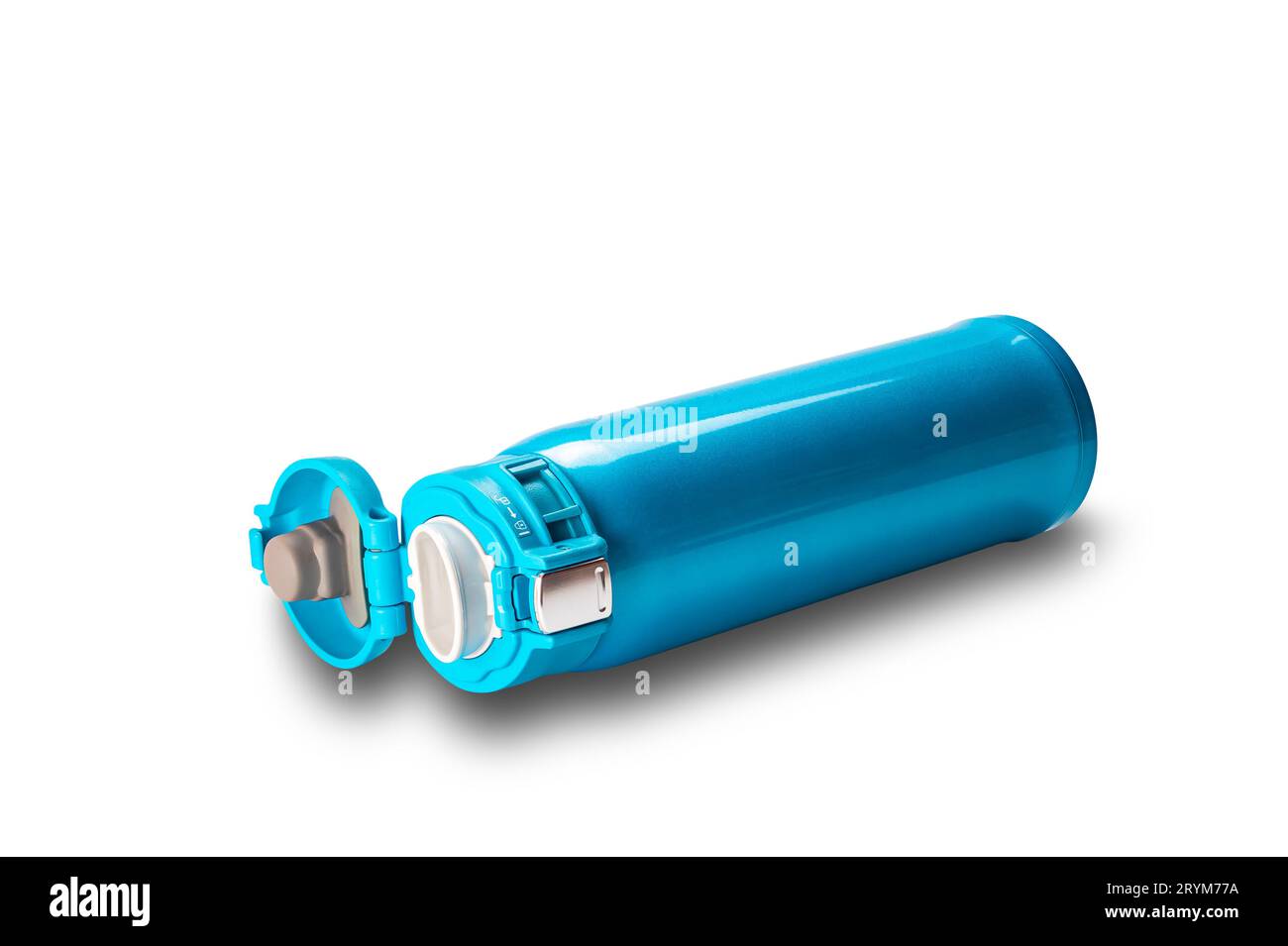 Blue glossy metal flask water bottle with open airtight plug lid ...