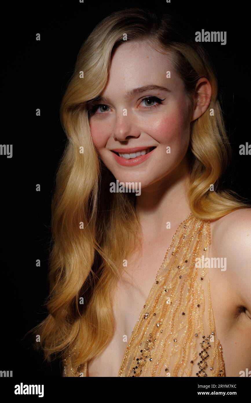 Elle Fanning backstage prior to the L'Oreal Spring/Summer 2024 ...