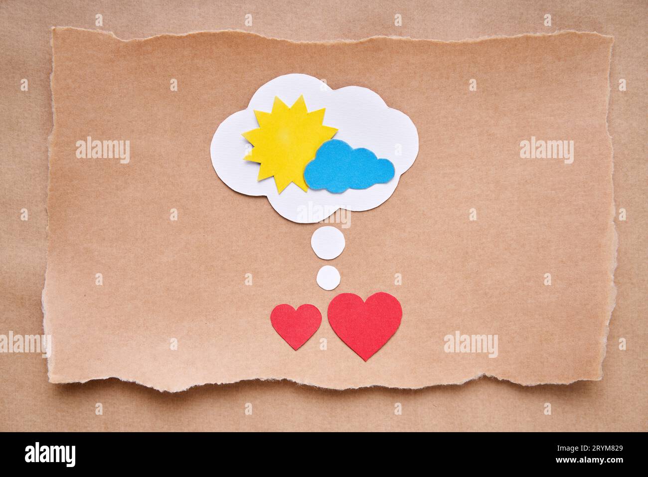 Postcard with red heart, sun, clouds and speech bubble in paper art ...