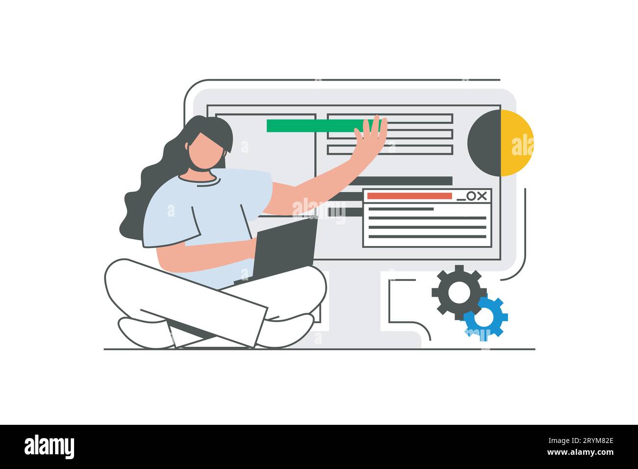 Web design outline concept with character scene. Woman makes ui ux ...