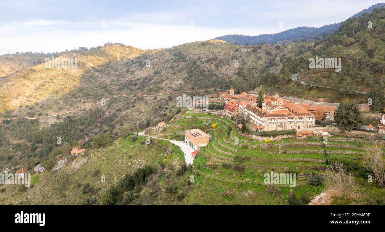 Drone aerial of Christian orthodox monastery of Machairas. Holy places ...