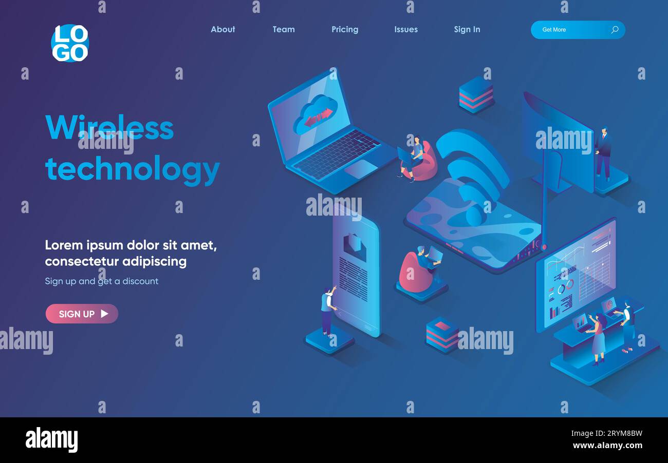 Wireless technology concept 3d isometric web landing page. People use wifi hotspot to get ...