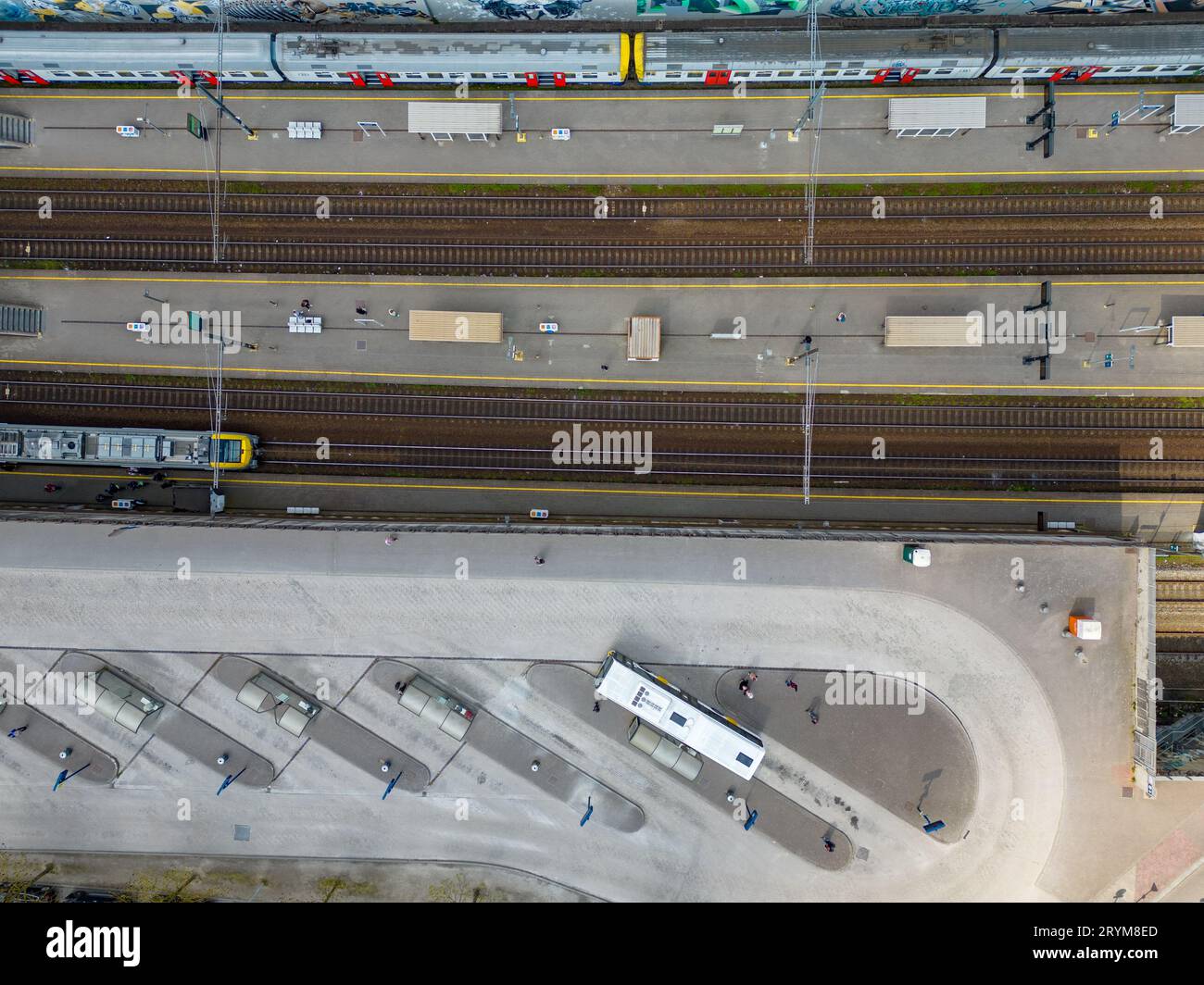 Aerial top down picture of railway station transportation hub showing ...