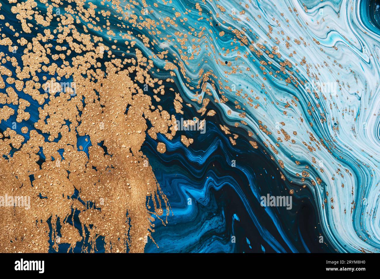 Fluid Art acrylic paints. Abstract mixing blue paint waves. Liquid ...