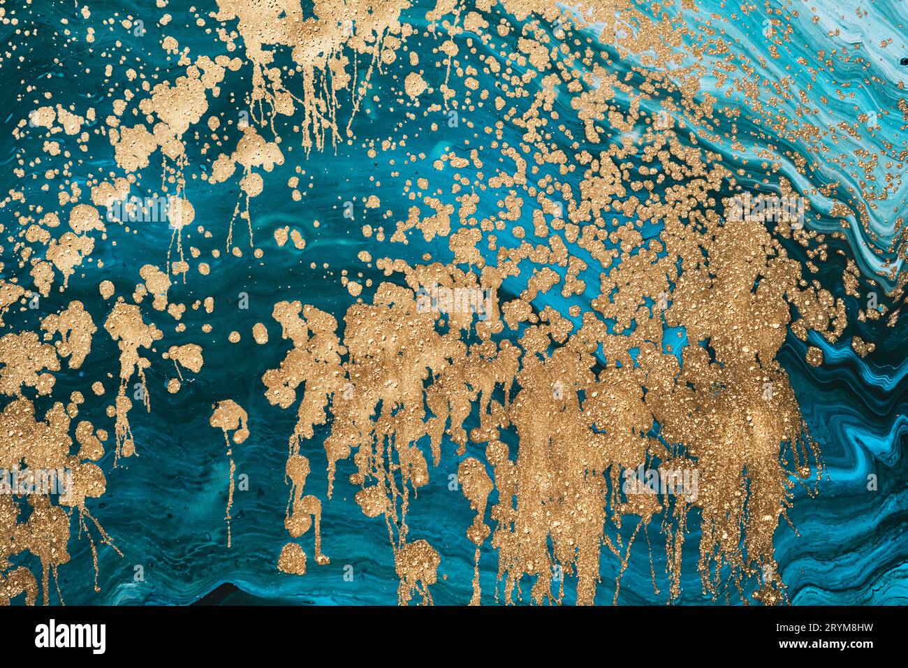 Fluid Art acrylic paints. Abstract mixing turquoise paint waves. Liquid ...