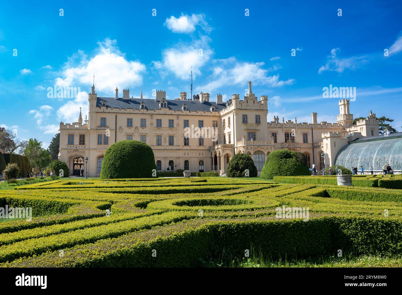 Lednice Chateau with beautiful gardens with flowers, Czech Republic ...