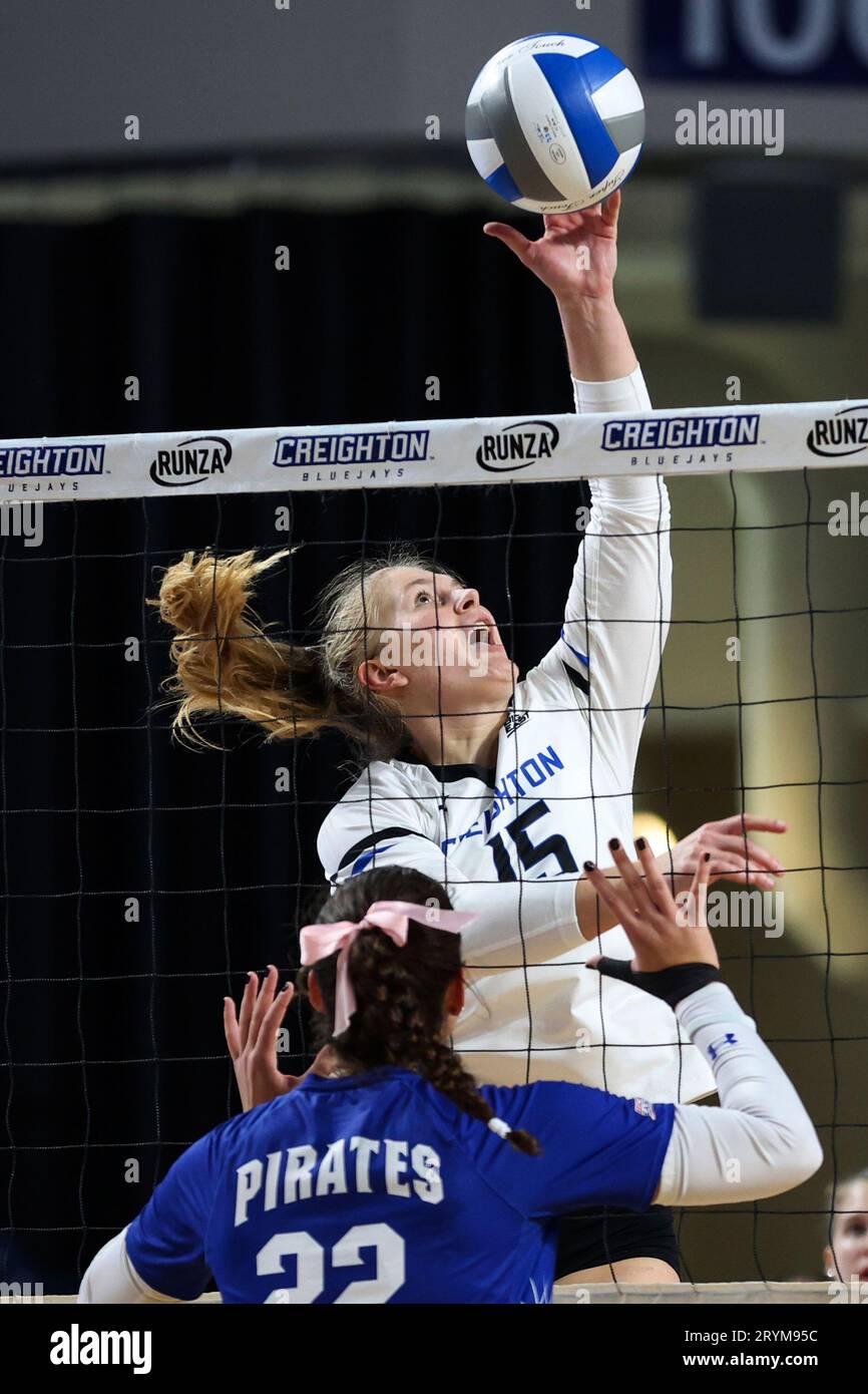 Creighton's Kendra Wait (15) hits the ball above Seton Hall's Hanna ...