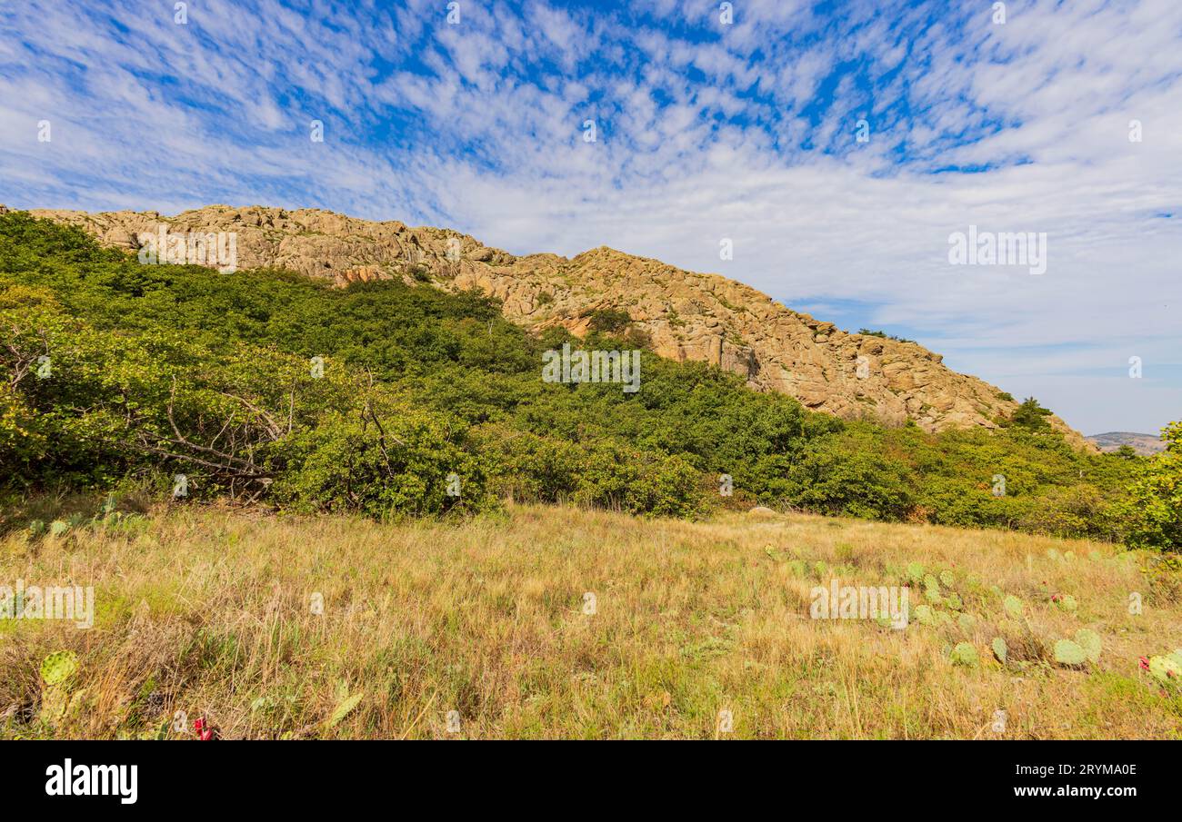Daytime landscape of the Wichita Mountains National Wildlife Refuge at ...