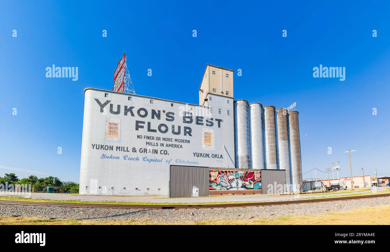 Oklahoma, SEP 3 2023 - Sunny exterior view of the Yukon Mill and Grain ...