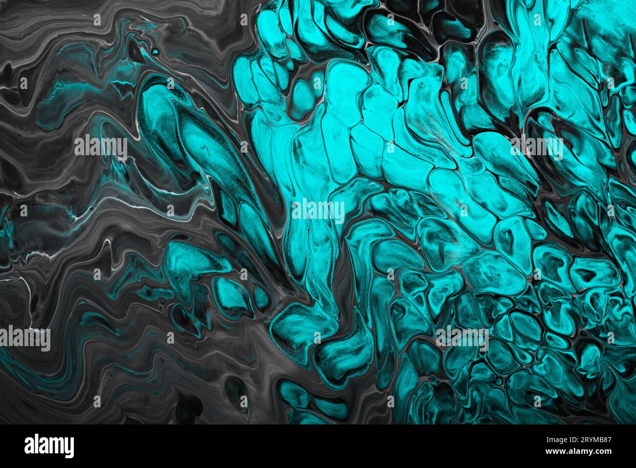 Fluid Art. Abstract mixing black waves and turquoise bubbles. Liquid ...
